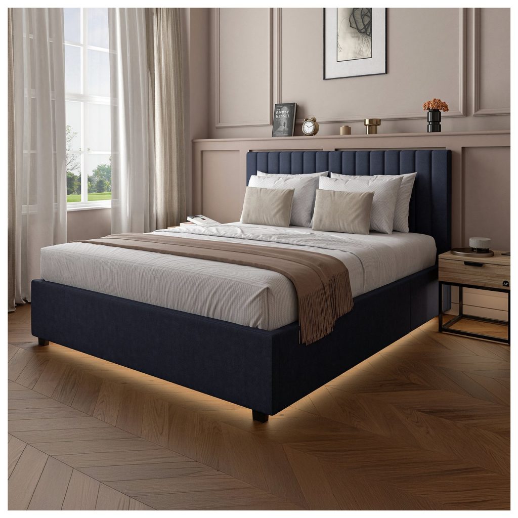 XR Living Maisie Double End Lift LED Ottoman Bed – Navy