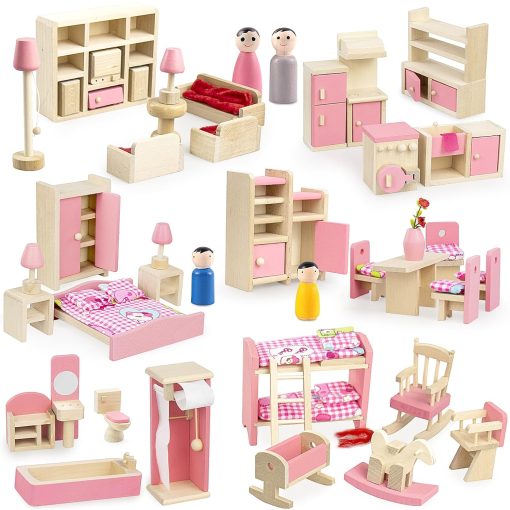 43PCS Wooden Dolls House Furniture Set,6 Room Kit Pretend Play Doll ...
