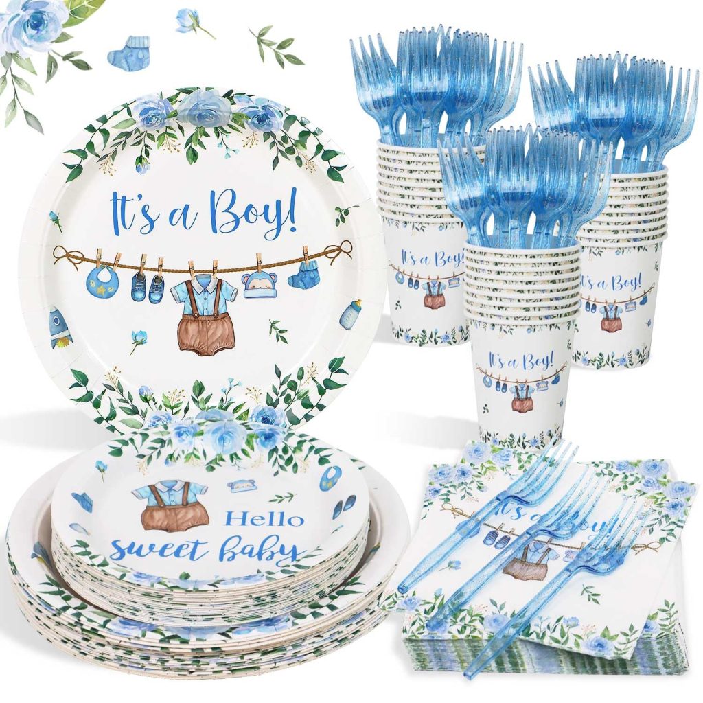 Baby Shower Decorations Boy Blue Plates Set for 25 Guests, 125 Pcs Baby ...