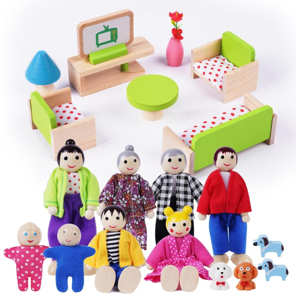 HOTUT Wooden Family Dolls Set, Wooden Dollhouse Furniture Set With 8 ...