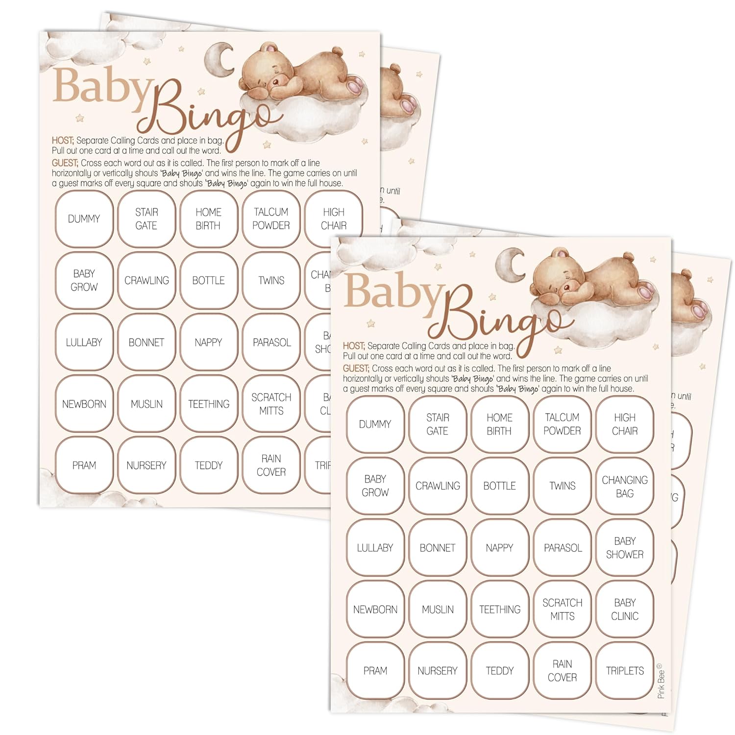 Pink Bee Parties (2 packs of) Bingo Baby Shower Game in Teddy Bear ...