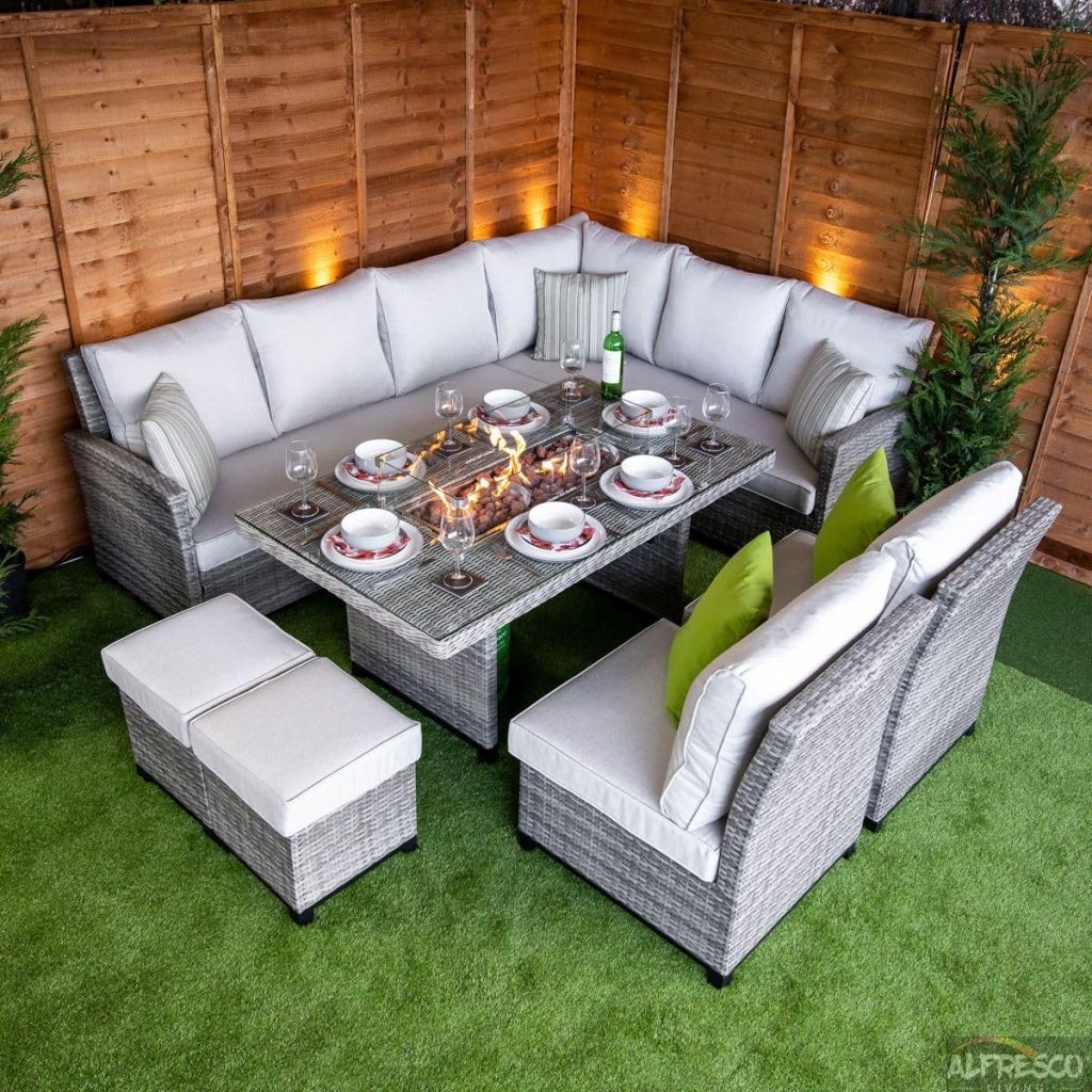 Champagne Madison rattan Corner Dining Set with Fire Pit