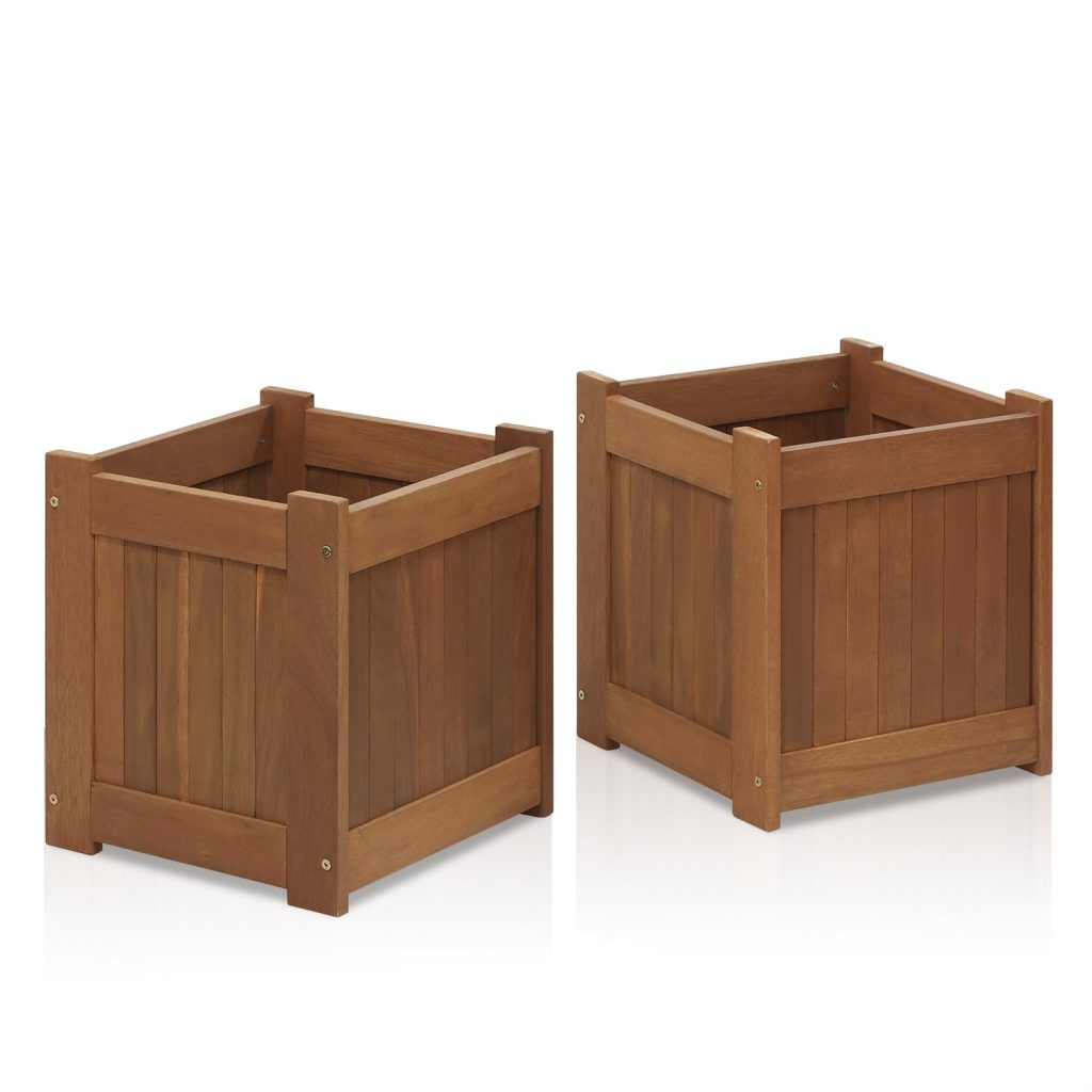 Furinno Tioman Hardwood Outdoor Flower Box, Planter Stand in Teak Oil ...