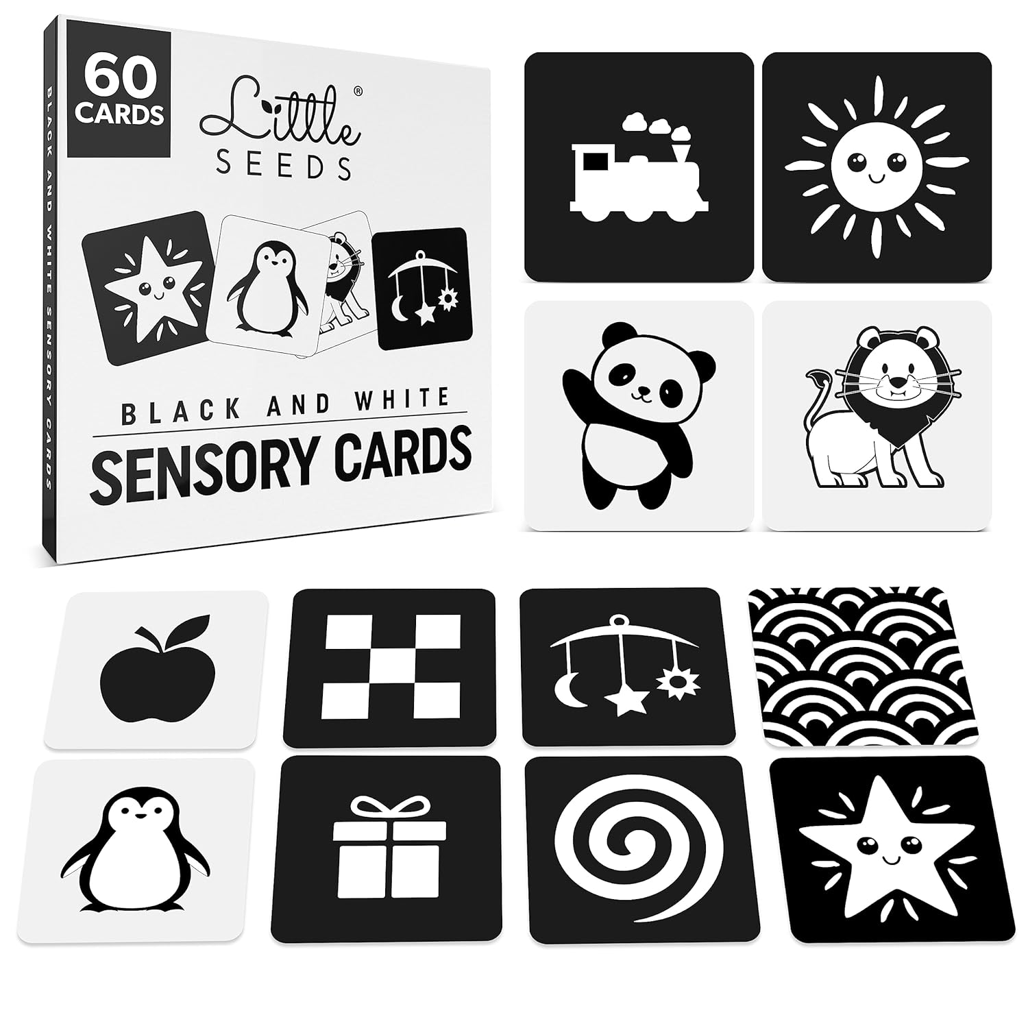 Newborn Essentials Black and White Baby Sensory Cards 60 High Contrast ...