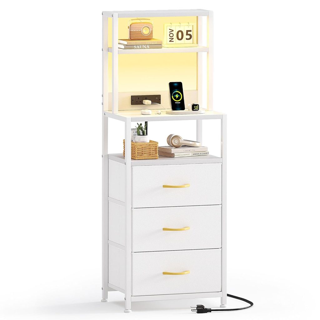 VERMESS Bedside Table with 3 Drawers and Charging Station, Small ...