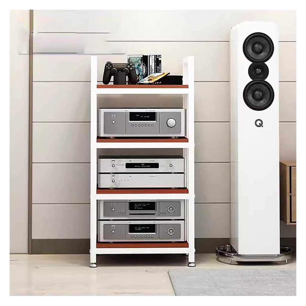 4 Tier Audio Video Shelving, Wooden Corner Shelf Component Media Stand ...