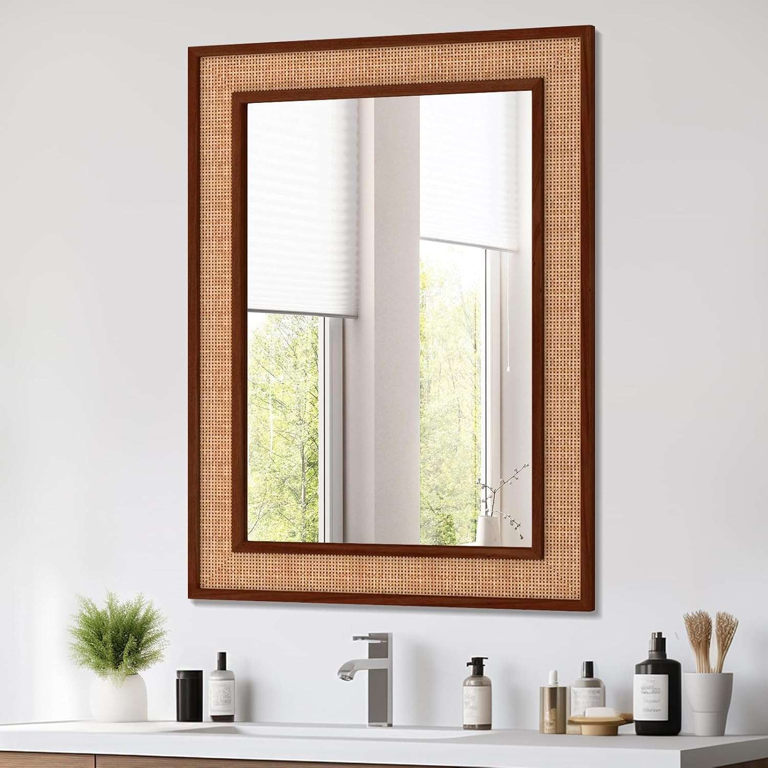 FUWU HOME Rattan Wall Mirror with Wooden Framed 24 X 32 inch Farmhouse ...