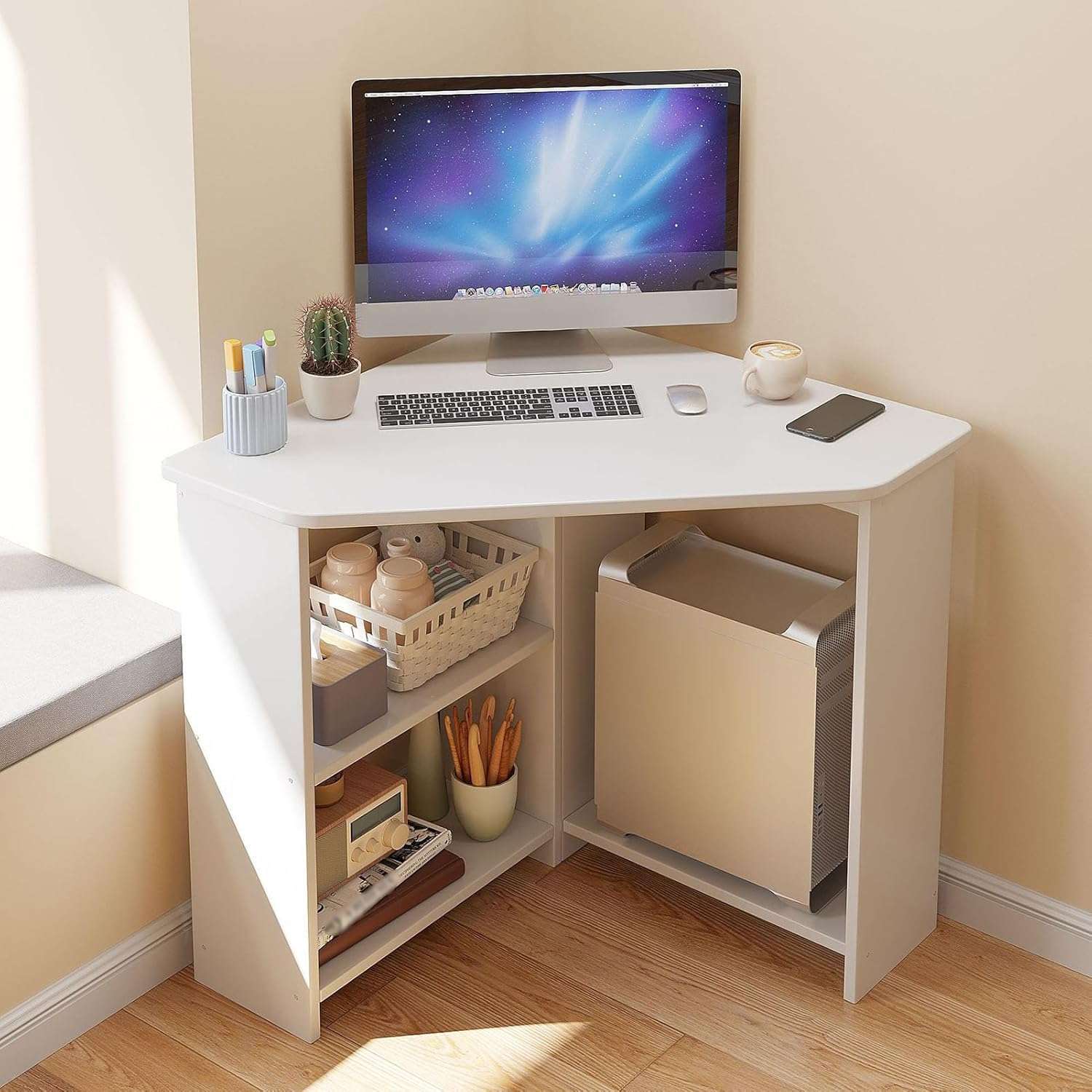 Nileco Corner Computer Desk, 90 Degrees Triangle Desk with Shelves ...